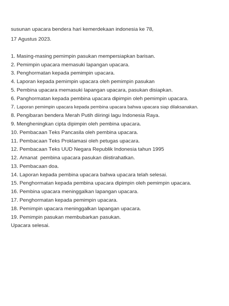 SUSUNAN UPACARA 17 AGUSTUS 2023 | PDF