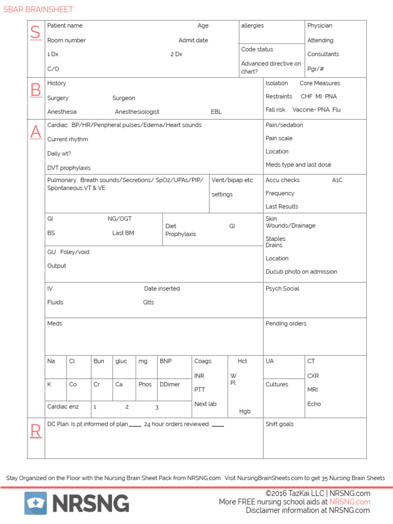 SBAR Nursing Report Sheet Template | PDF | Medical Specialties | Medicine
