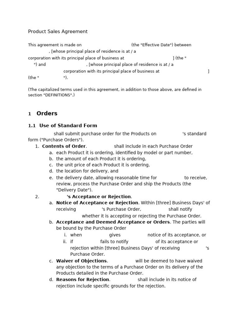 Product Sales Agreement - Effective Date Is Specific Date | PDF ...