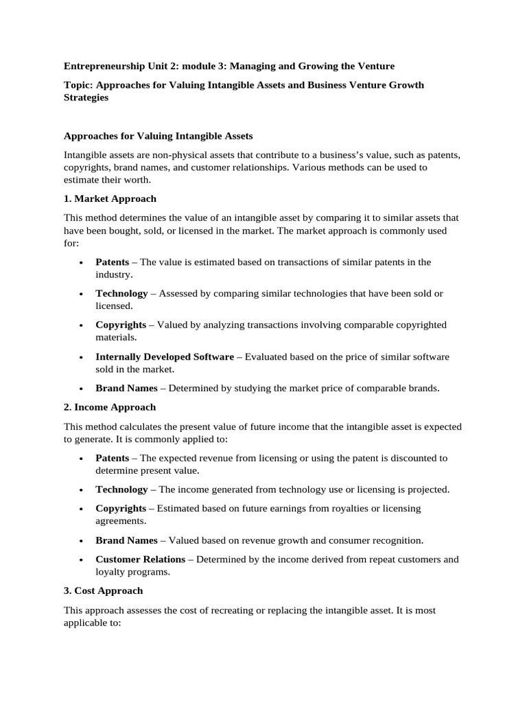 Approaches For Valuing Intangible Assets and Business Venture Growth ...