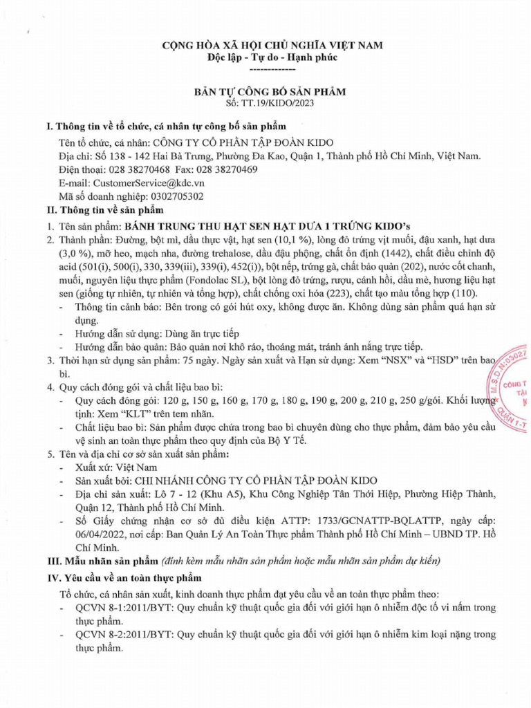 TT.19.KIDO.2023 - BÁNH TRUNG THU H T SEN H T DƯA 1 TR NG KIDO's | PDF