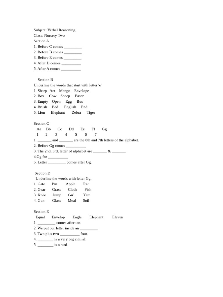 Nursery 2 Verbal Reasoning Exam Prep | PDF