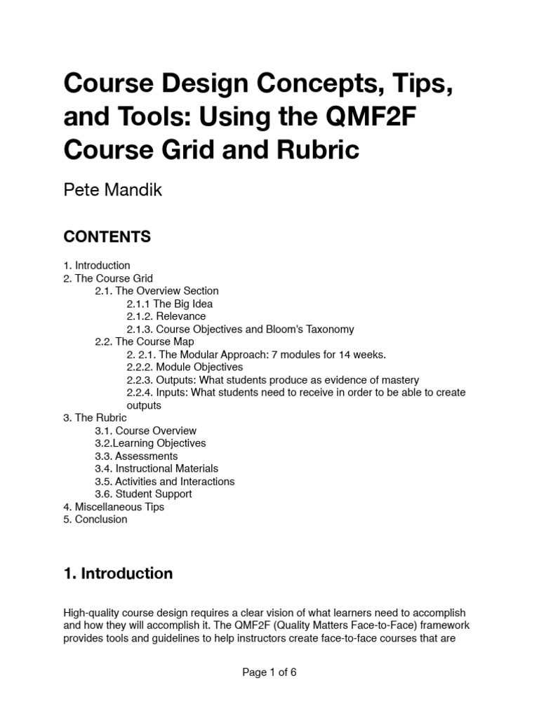 Course Design Concepts Tips and Tools - Using The QMF2F Course Grid and Rubric | PDF | Learning ...