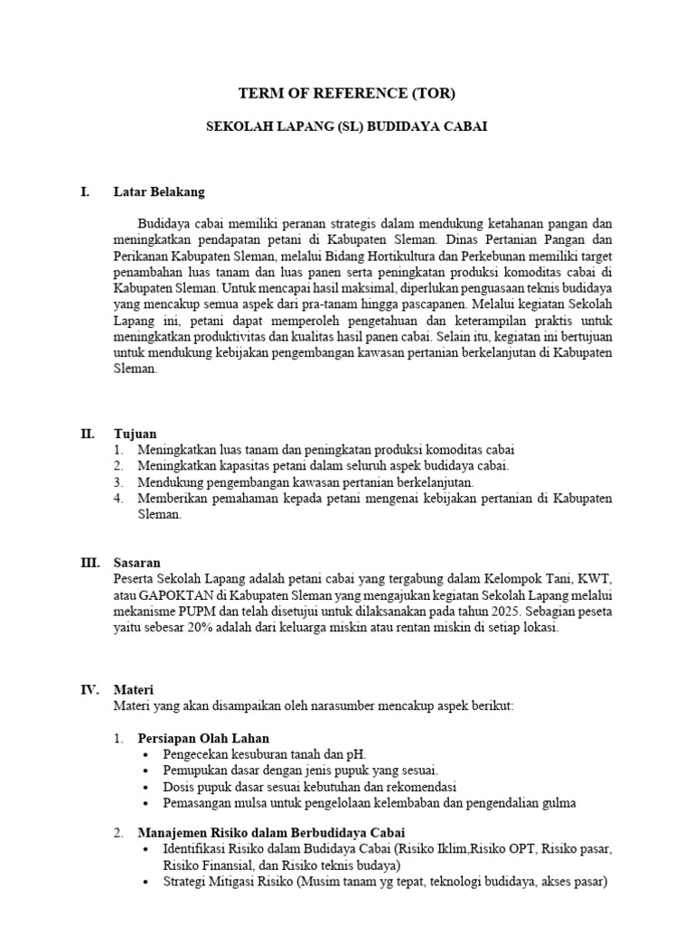 Term of Reference SL Cabai 2025 | PDF