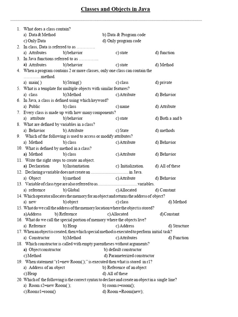 Mcq Based On Classes And Objects Pdf Method Computer Programming