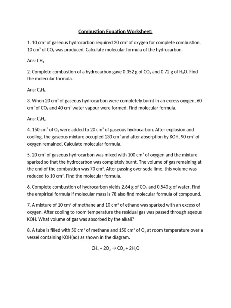 Combustion Equation Worksheet | PDF