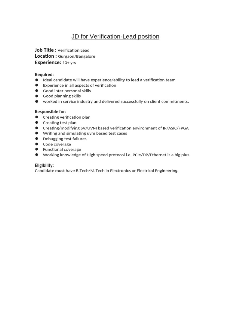 Verification Lead Job Description | PDF