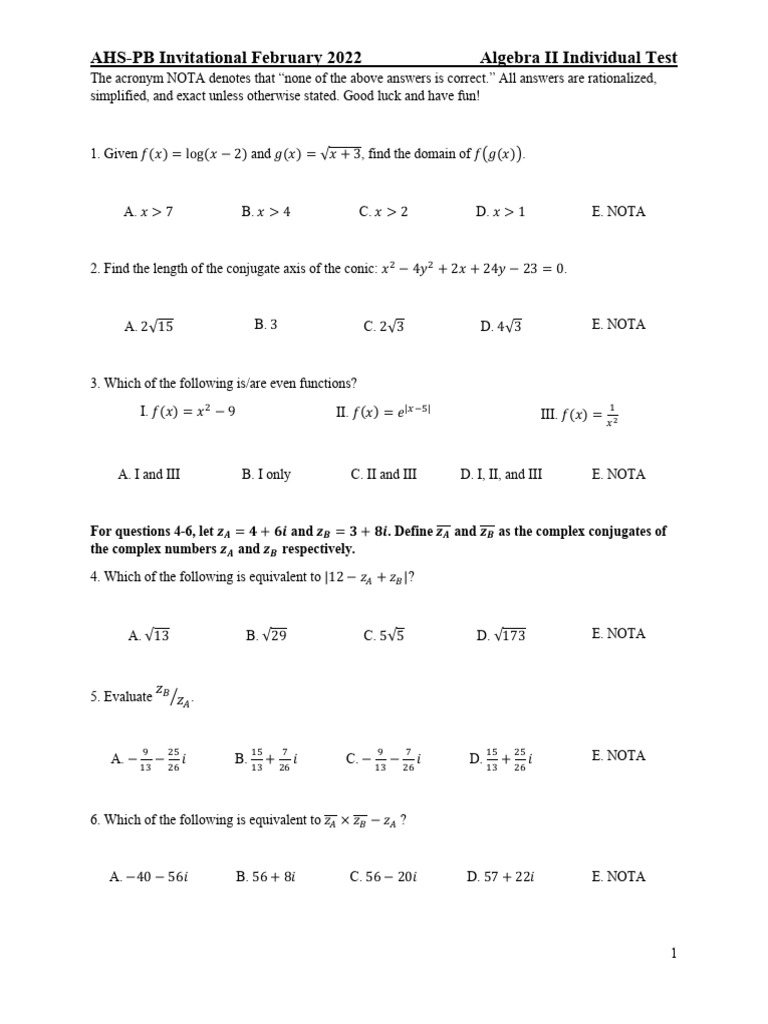 Algebra II Test Questions and Solutions | PDF | Numbers | Elementary ...