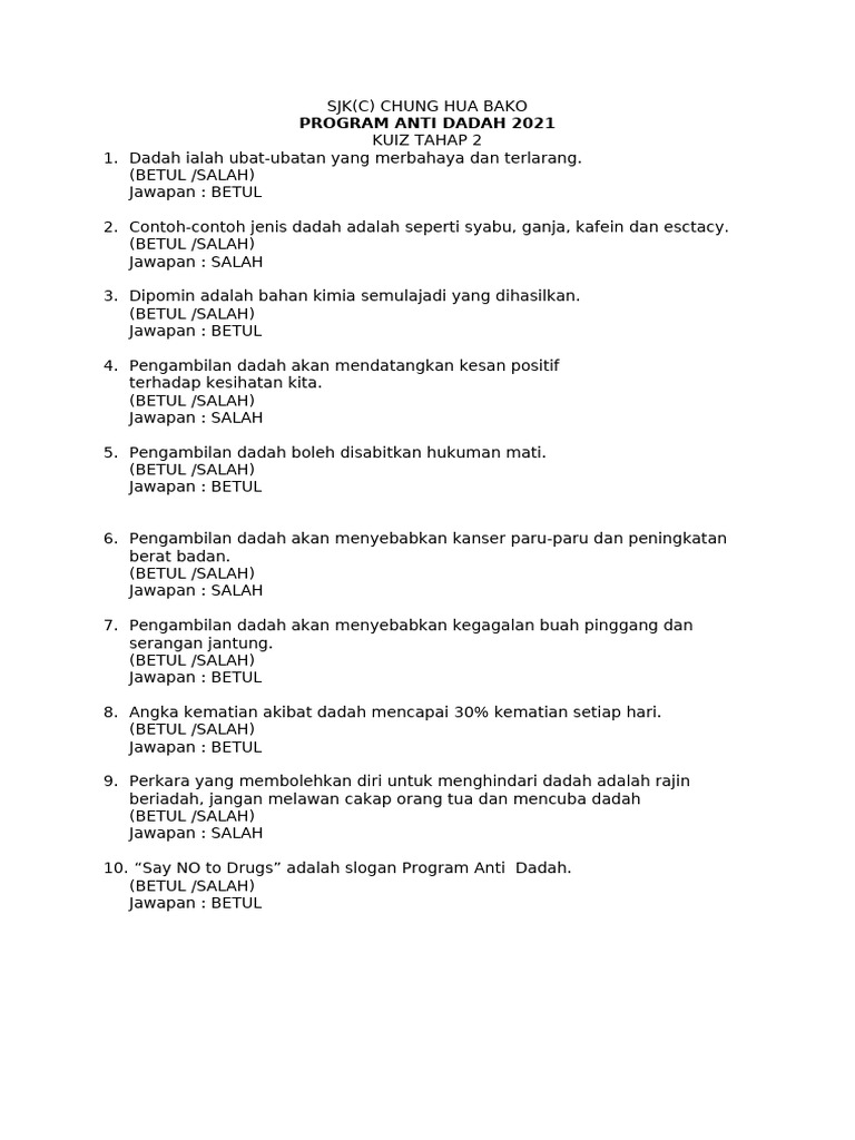 Kuiz Program Anti Dadah 2021 | PDF
