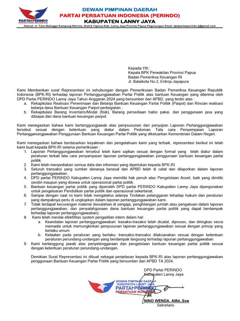 Surat Pertanggungjawaban DPD PERINDO Lanny Jaya | PDF