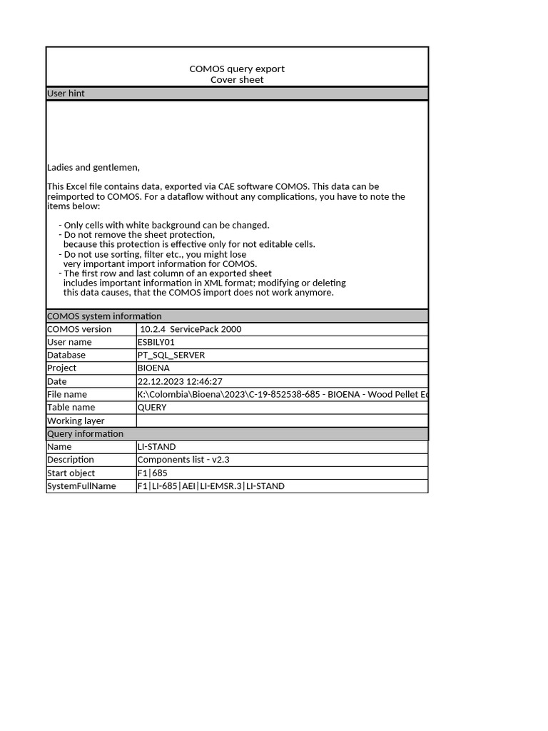 COMOS Query Export for BIOENA Project | PDF | Pump | Microsoft Excel