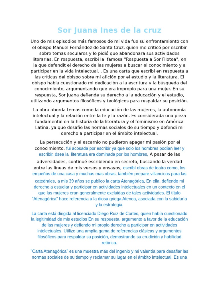 Sor Juana Inés: Defensa del Conocimiento Femenino | PDF