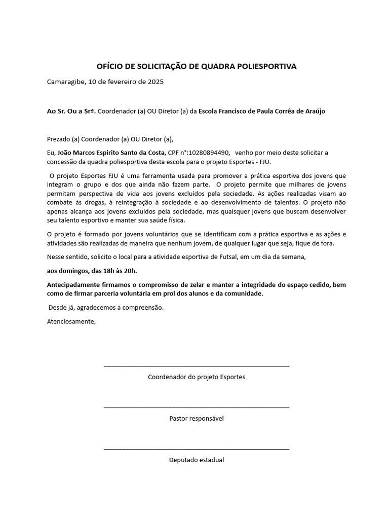 Ofício Solicitacao Quadra Poliesportiva | PDF