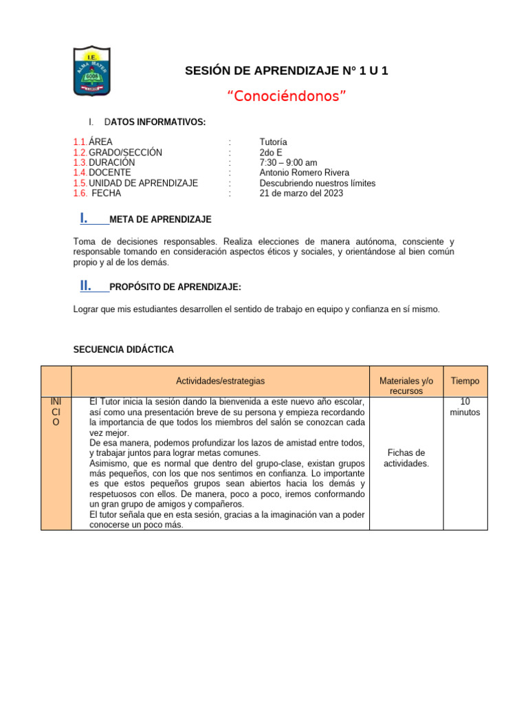 Sesion de Tutoria 2 Do | PDF | Aprendizaje