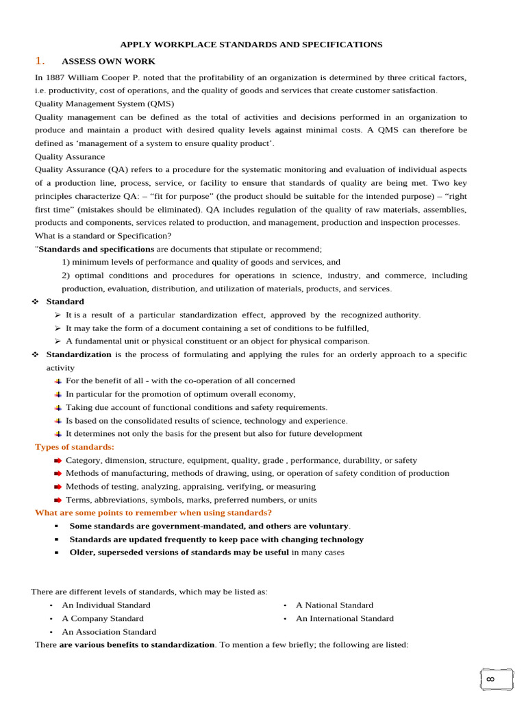 Apply Workplace Standards and Specifications 2 | PDF | Quality ...