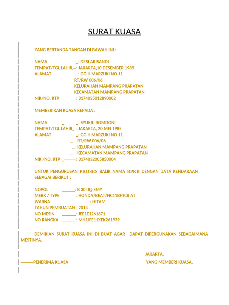Surat Kuasa Balik Nama BPKB Motor | PDF