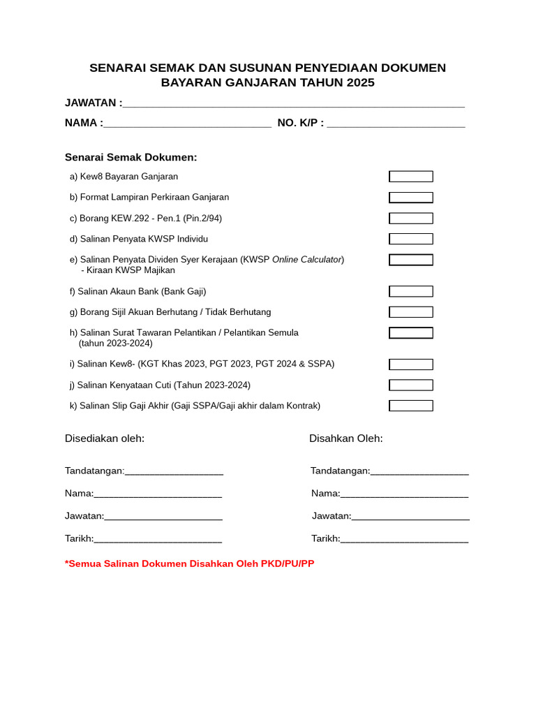 Senarai Semak Dan Susunan Penyediaan Dokumen Bayaran Ganjaran Tahun 2025 | PDF