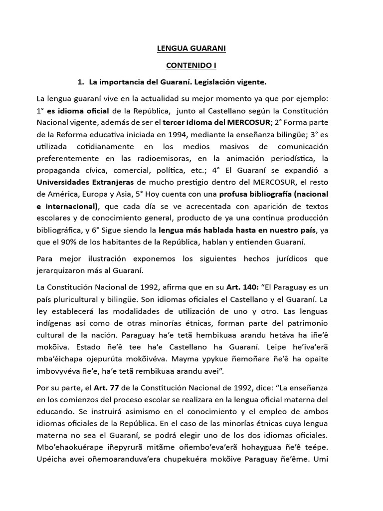 Importancia y Gramática del Guaraní | PDF | Lengua española | Paraguay