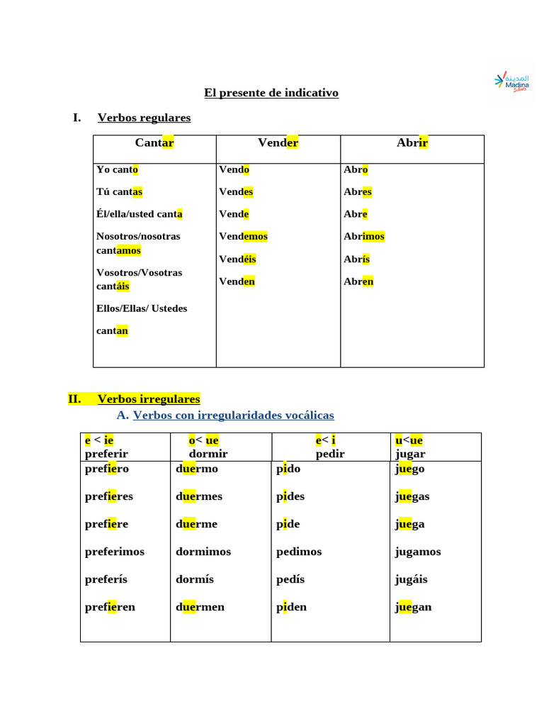 El Presente de Indicativo Verbos Regulares e Irregulares. | PDF ...