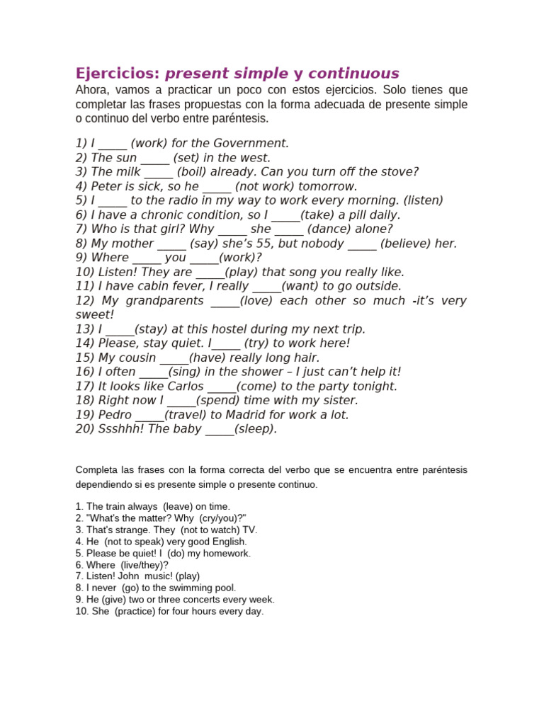 Taller Presente Simple y Continuo | PDF