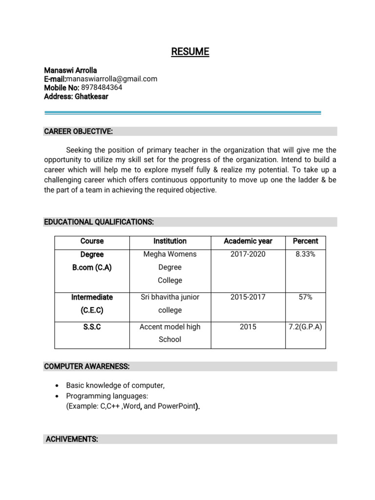 RESUME Manaswi | PDF
