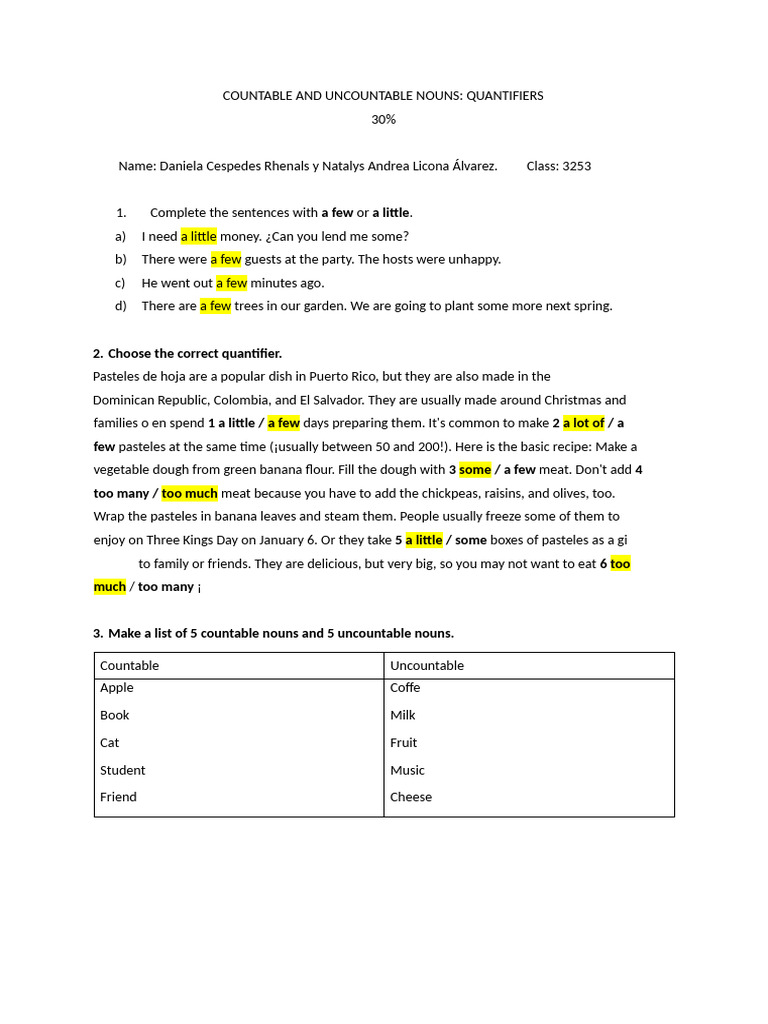Task - Countable and Uncountable Nouns - Quantifiers | PDF