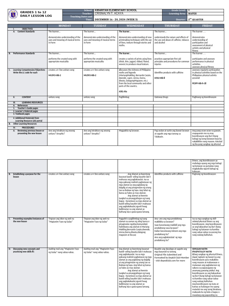 DLL - Mapeh 5 - Q3 - W3 | PDF