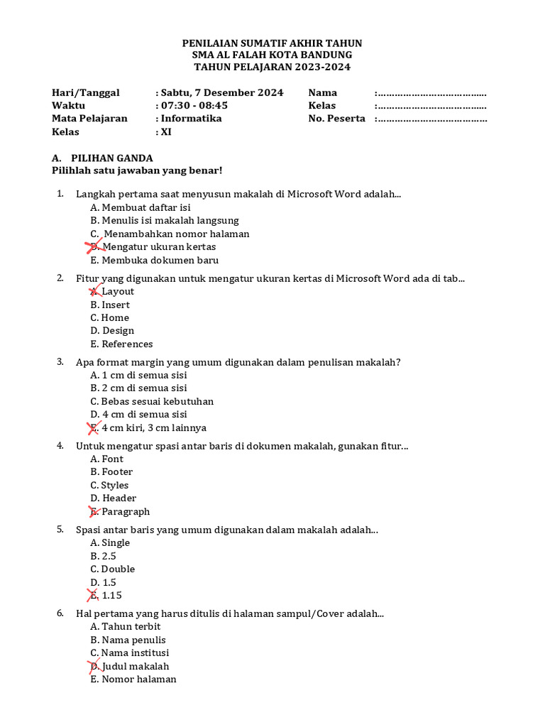 SOAL INFORMATIKA KELAS XI PSAS 2024_copy | PDF