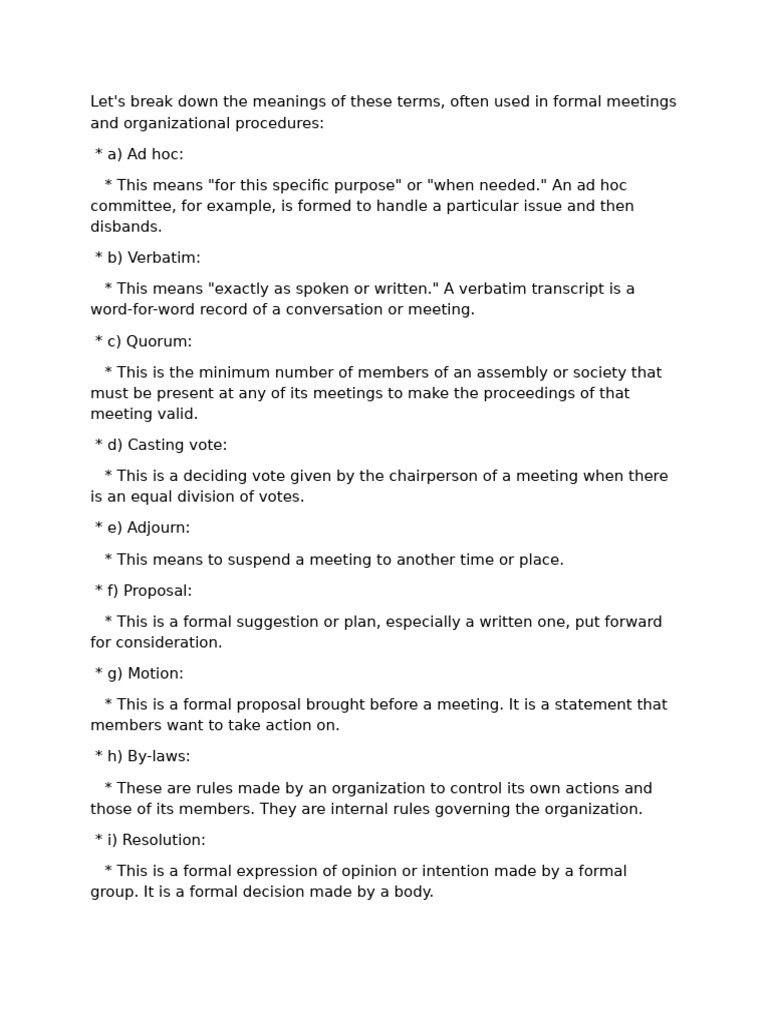 Key Terms for Formal Meetings Explained | PDF