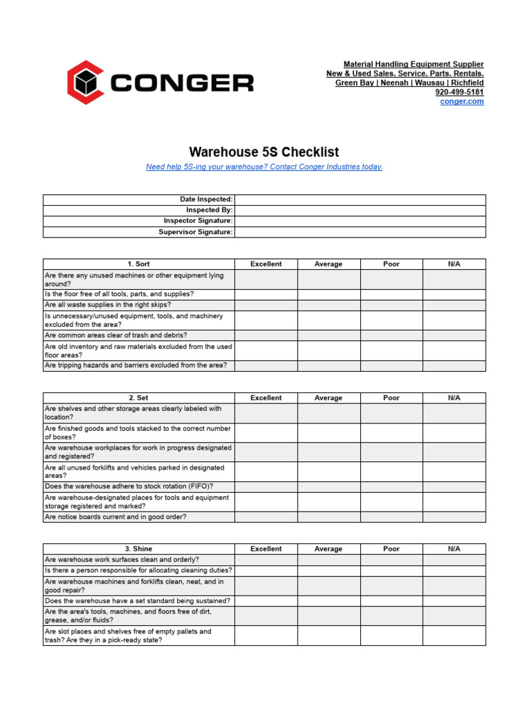 Warehouse-5S-Checklist-Conger-Industries-5S-Checklist | PDF | Warehouse | Forklift