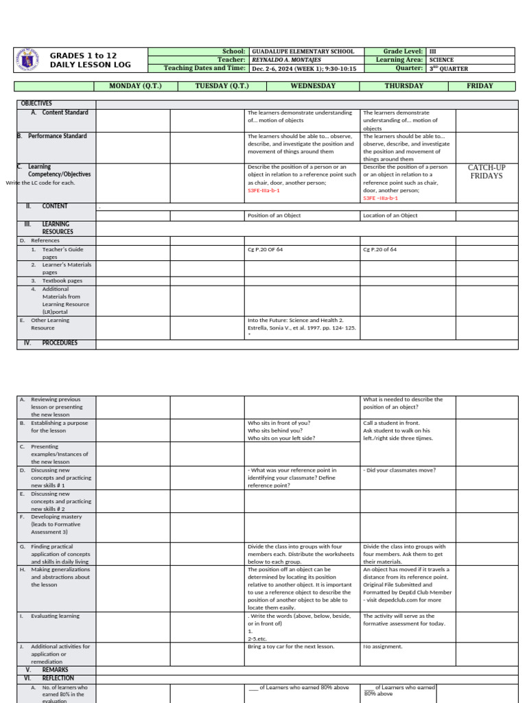 Dll Science 3 q3 w1 Ok | PDF | Differentiated Instruction | Learning