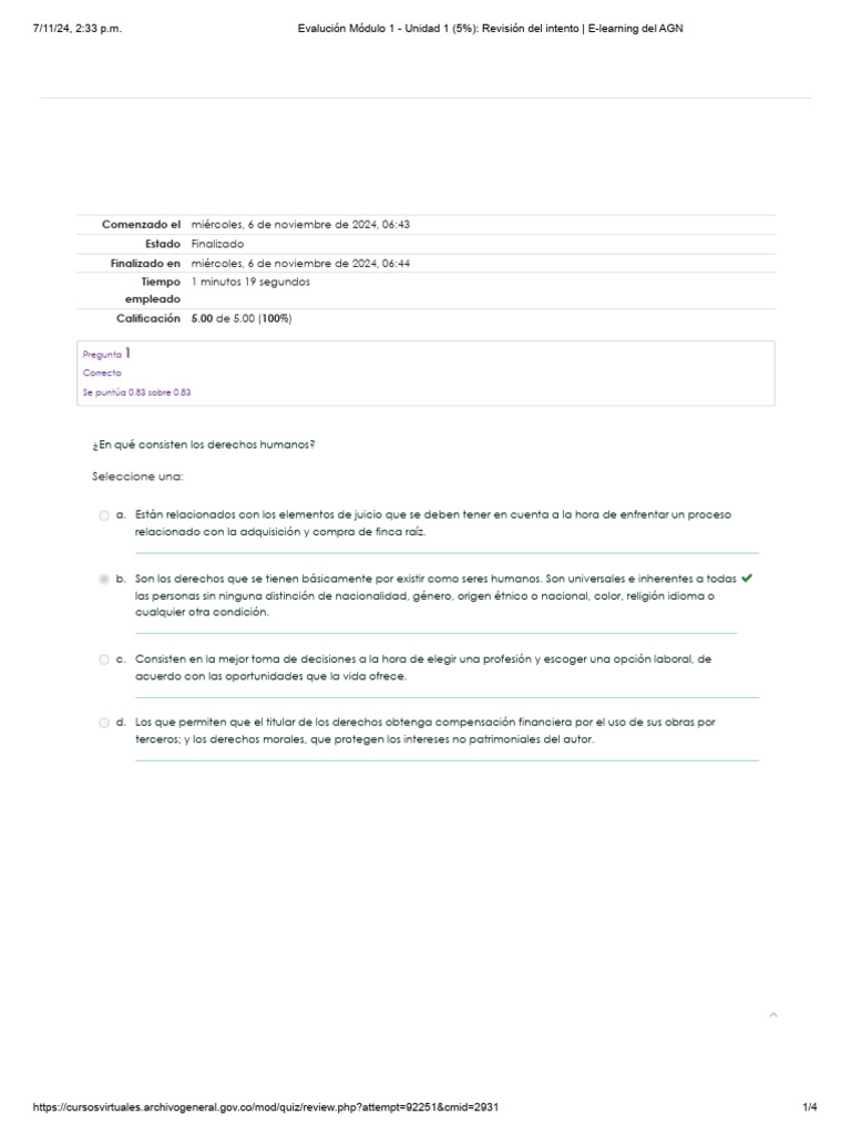 Evalución Módulo 1 - Unidad 1 (5%) - Revisión Del Intento - E-Learning Del AGN | PDF | Derechos ...