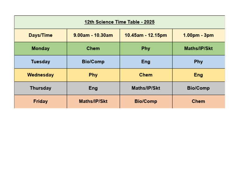 12th Science Time Table | PDF