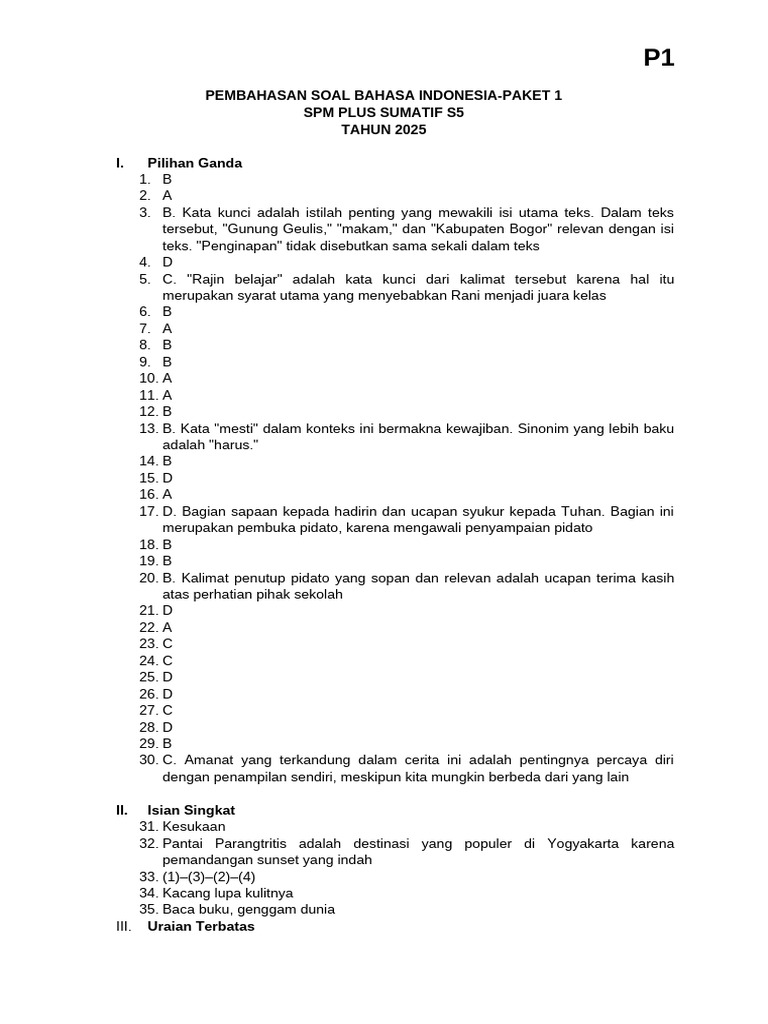 Kunci Jawaban Paket Soal Bi SPM Plus 2025 | PDF