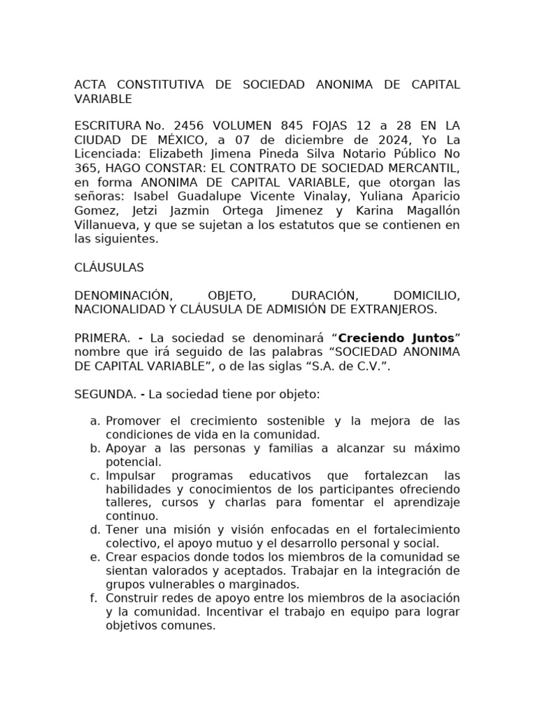 Acta Constitutiva de Sociedad Anonima de Capital Variable | PDF | México | Sociedad de ...