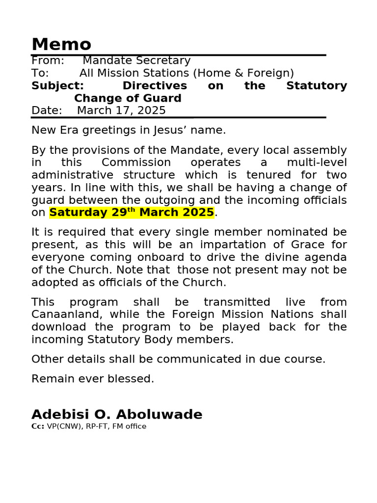 Memo - Directives On The Statutory Change of Guard - 17032025 | PDF