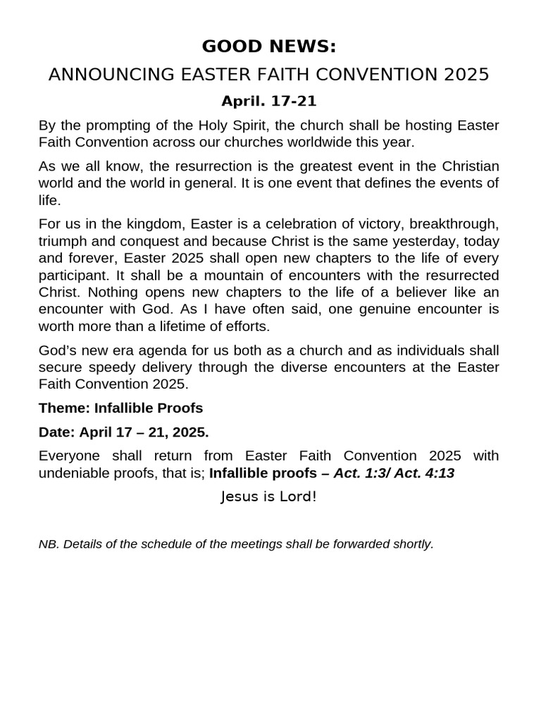 Easter Faith Convention 2025: Infallible Proofs | PDF