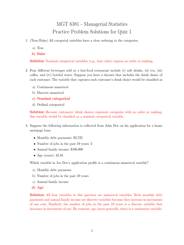 Practice Problems For Quiz 1 With Solutions | PDF | Categorical Variable