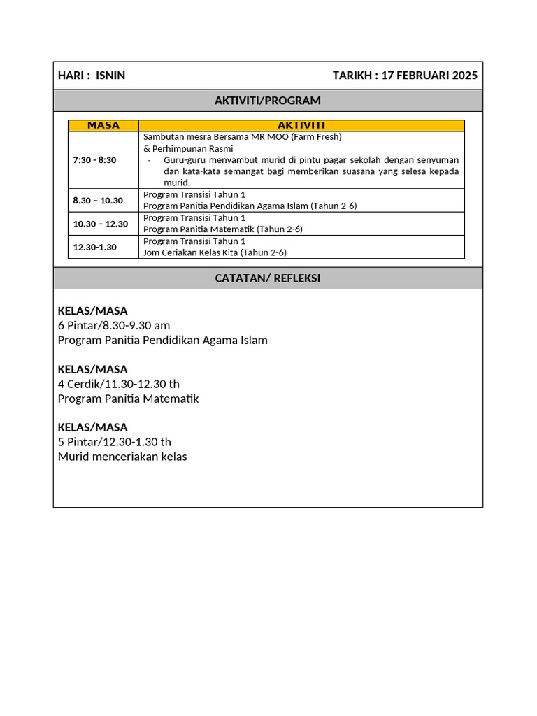 RPH Program Minggu Pertama SEBEST 2025 (Kizuri) | PDF