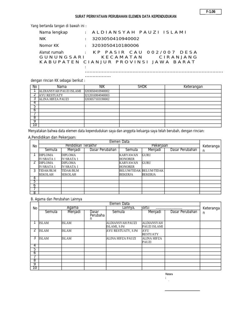 F1 06 Surat Pernyataan Perubahan Elemen Data Kependudukan | PDF