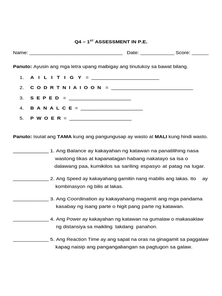 Q4 Assessment in P.E. | PDF