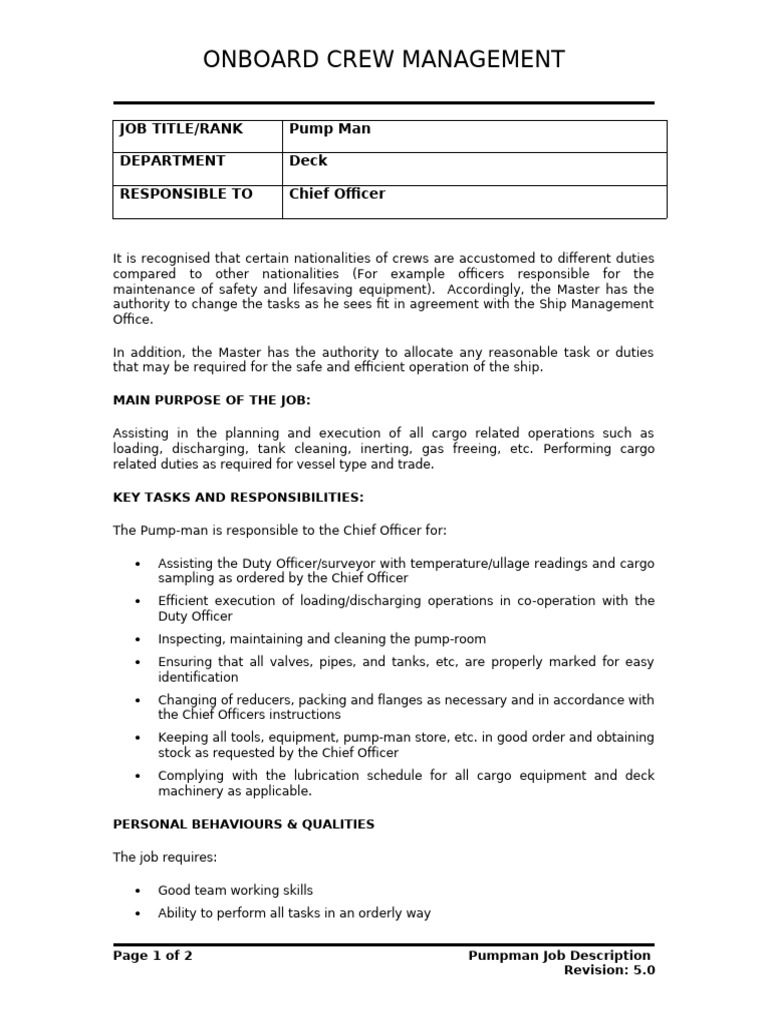 Pumpman Job Description and Duties | PDF