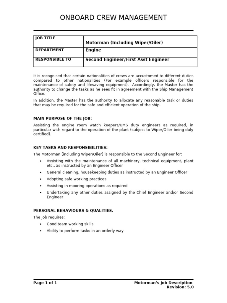 Motorman Job Description | PDF