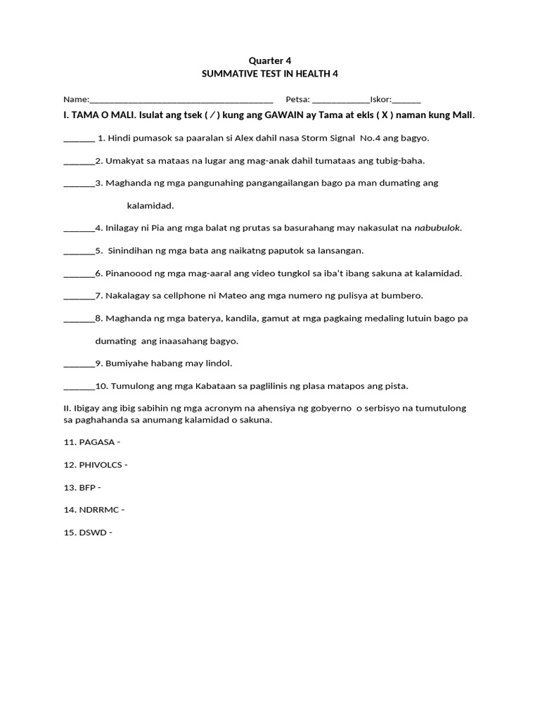 Q4 1st - 2nd Assessment in Health | PDF