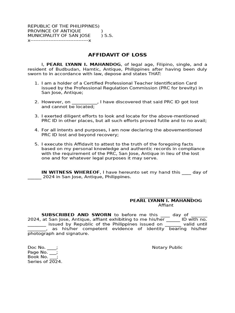 Affidavit of Loss for PRC ID | PDF