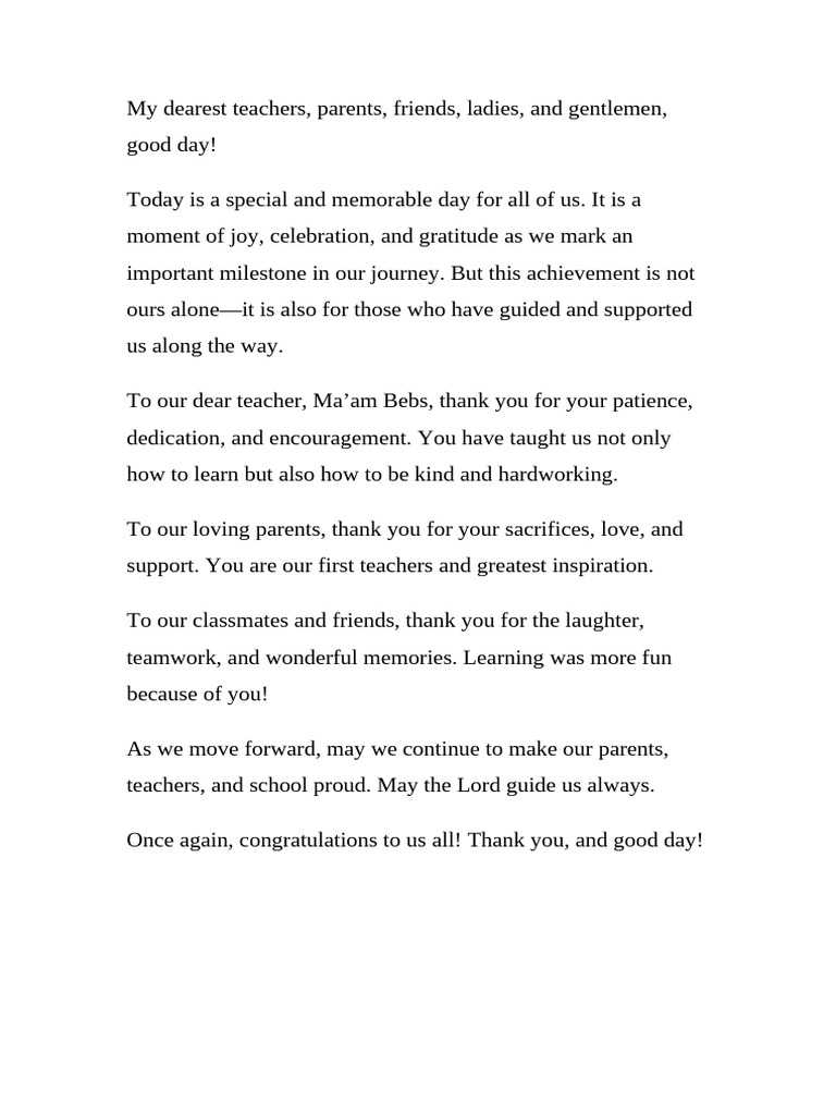 Gratitude Speech for Moving Up Ceremony | PDF
