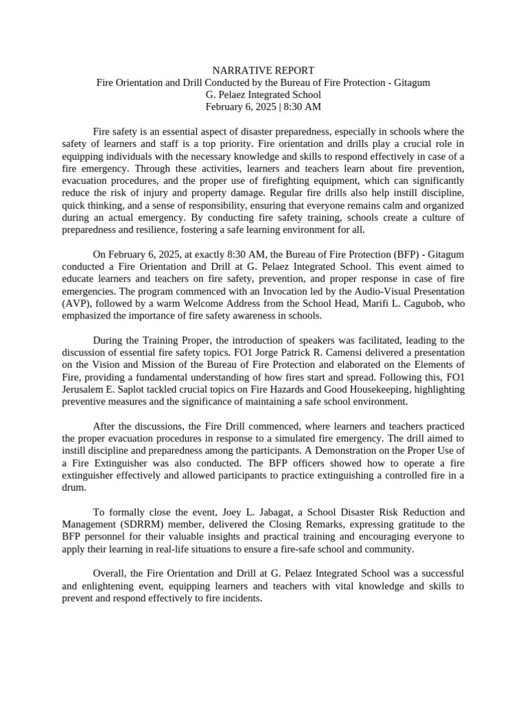 NARRATIVE REPORT Fire Drill 2025 | PDF | Fire Safety | Emergency Management