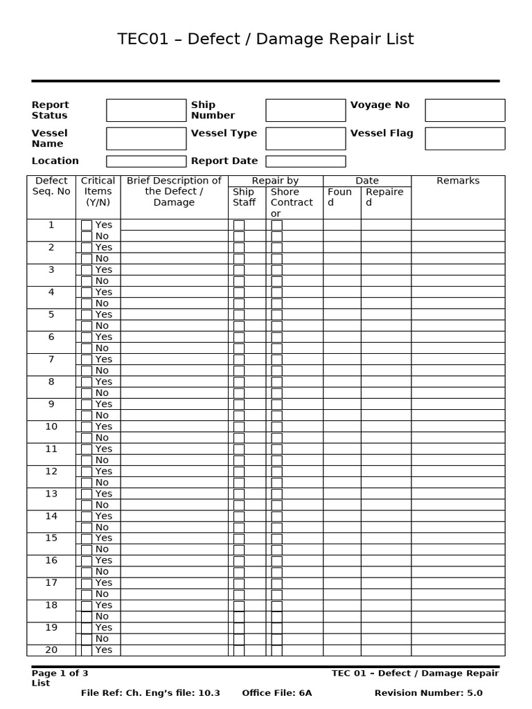 Vessel Defect Repair Checklist Form | PDF | Water Transport | Ships