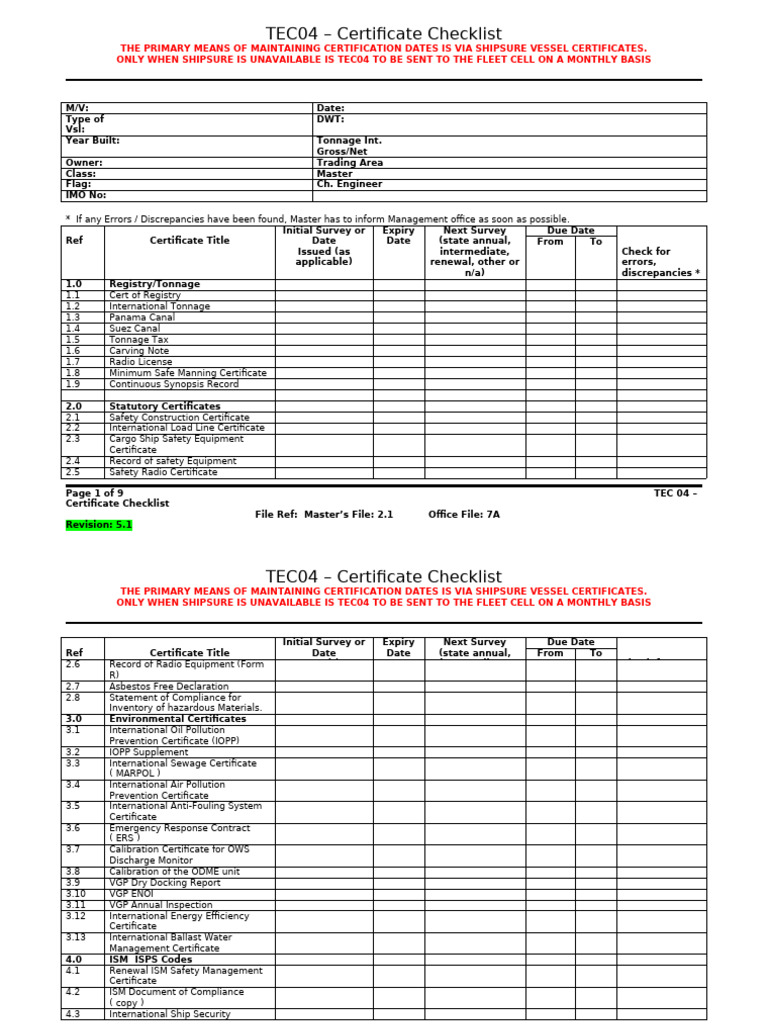tec 04 - certificate checklist | PDF | Tonnage | Water Transport