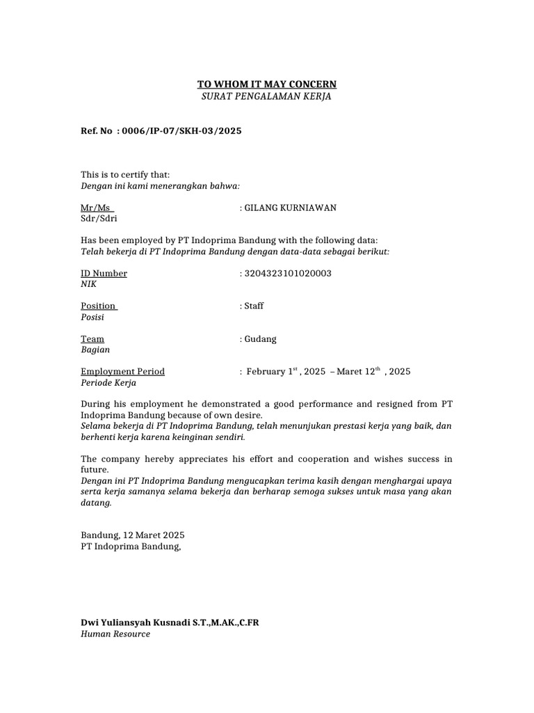 Surat Pengalaman Bekerja (Paklaring) gilang | PDF